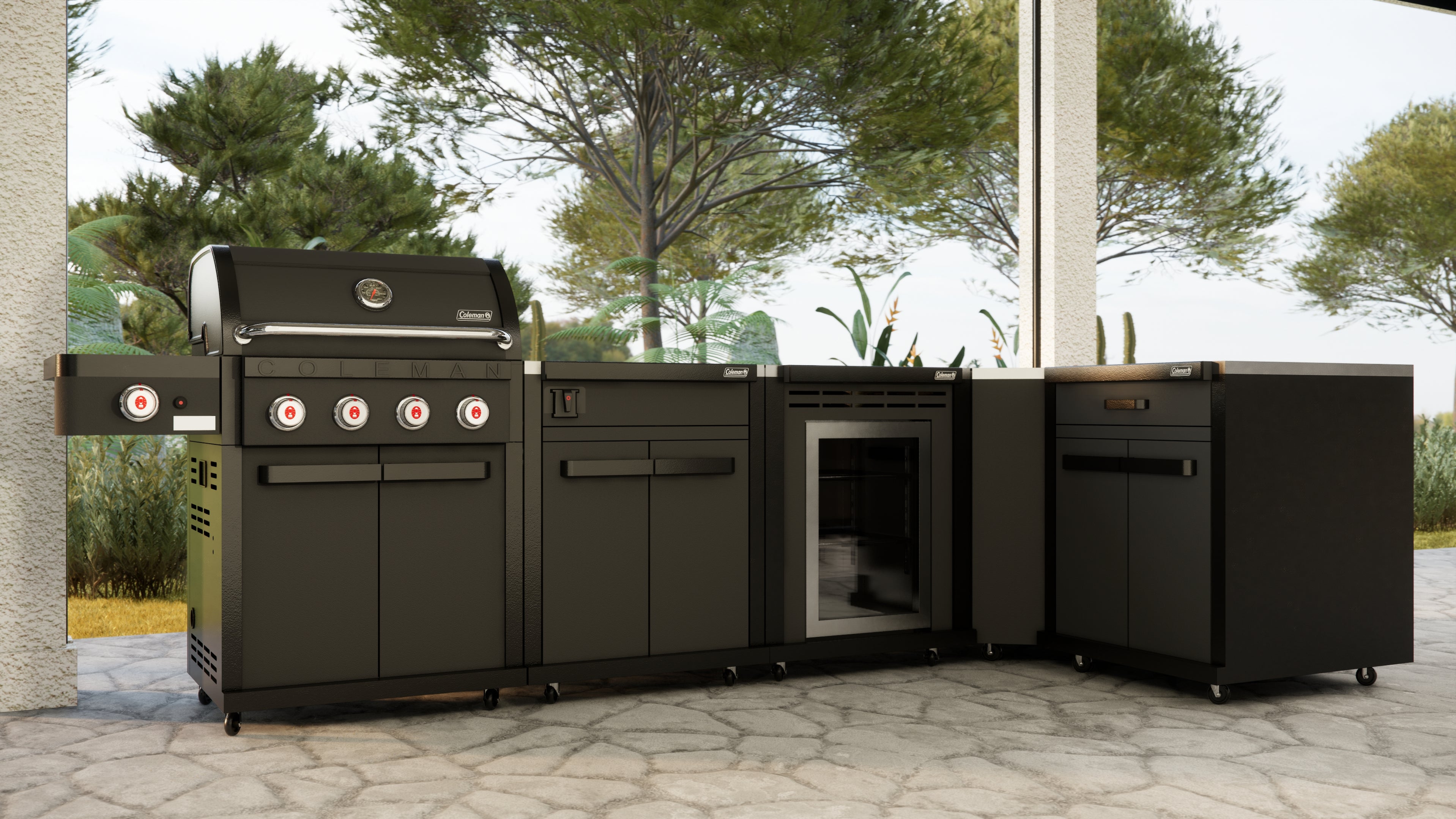 Coleman Revolution L-Shaped Kitchen With 4 Burner BBQ + Fridge In Blac ...