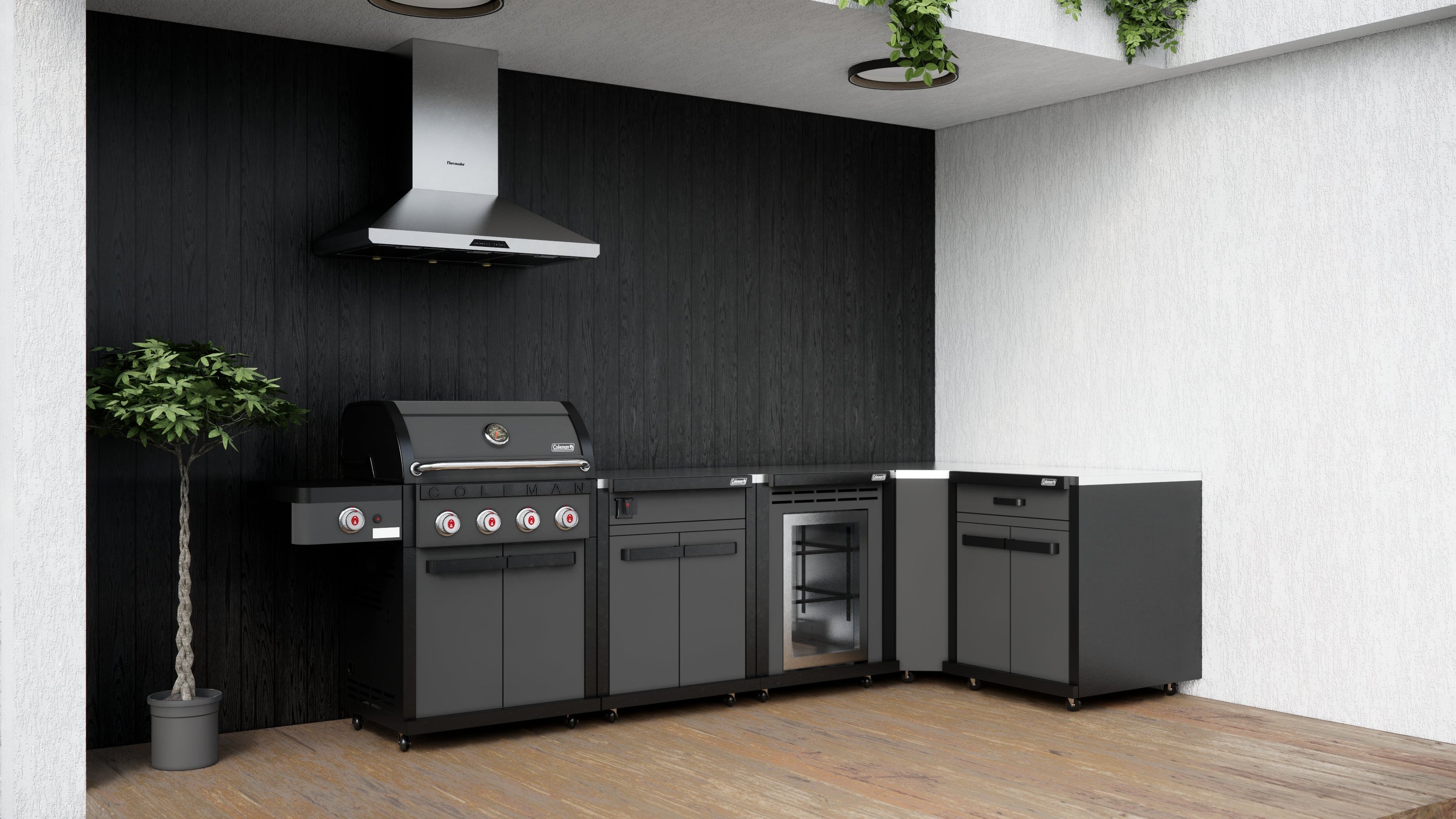 Coleman Revolution L-Shaped Kitchen With 4 Burner BBQ + Fridge In Blac ...